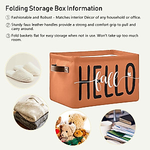 Hello Fall Orange Storage Basket Fabric Kitchen Baskets Autumn Pumpkin Open Home Storage Bins Boxes Foldable Organizer Bag for Baby Cloth Pet Toy Book Shelf Closet Baskets 16×12×8 Inches