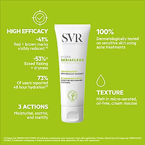 SVR Sebiaclear Moisturizing Face Cream with Niacinamide, Hyaluronic Acid and Ceramides, Soothing Moisturizer for 48h of Hydration, Reduces the appearance of marks. For Oily Sensitive Skin, 1.4 oz.