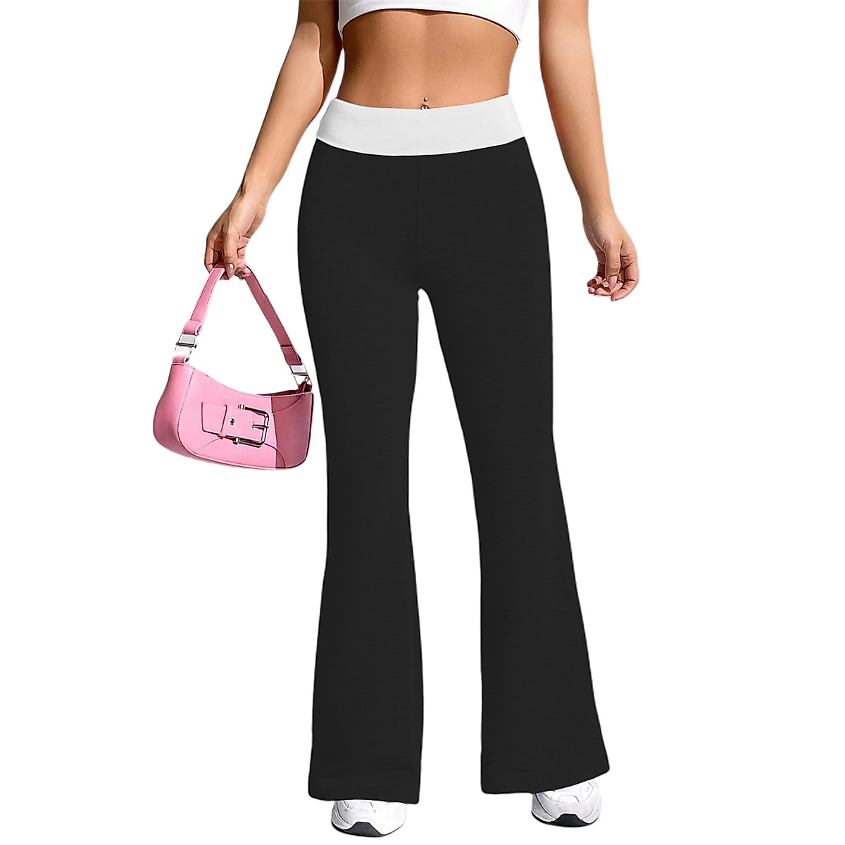 popvil Flare Pants for Women High Elastic Waisted Yoga Pants Color Block Causal Trousers Black X-Large