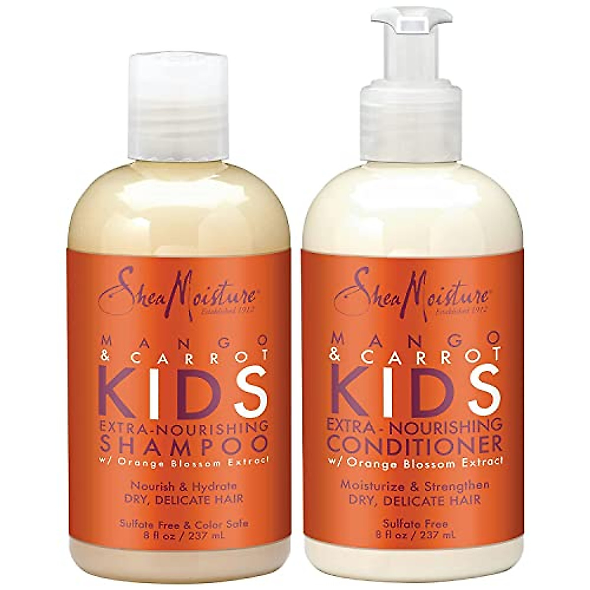 Shea Moisture Mango & Carrot Kids, Extra-Nourishing, Shampoo and Conditioner Set, Orange Blossom Extract, Dry, Delicate Hair, Vitamin B-5 & Vitamin E, 8 Fl Oz Ea