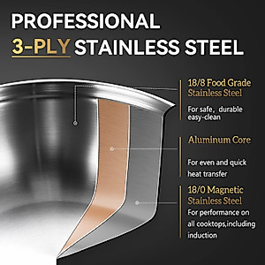 Inqibee 12-Inch Tri-Ply Stainless Steel Stir Fry Pan with Lid,Paella Pan,Omelet Pan,Large Skillet,Induction Cooking Pan,Heavy Duty,Dishwasher and Oven Safe.