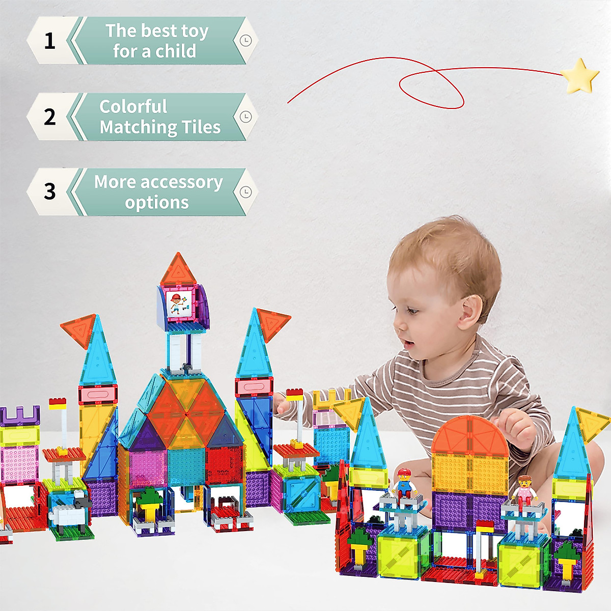 PicassoTiles 353pcsMagnetic Brick Tile and Magnetic Tile Combo Set, Action Figures Included, Building Blocks STEM Toys, Educational Montessori Preschool Toddler Classroom Learning Toys, Kids Activity