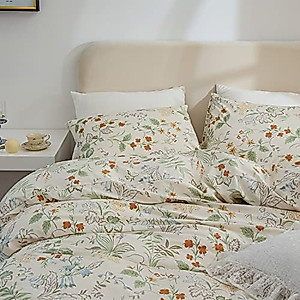 Floral Duvet Covers Queen, 100% Cotton Chic Floral Bedding Sets Queen 3 Pieces Green Red Flower Leaves Queen Duvet Cover Floral, 1 Duvet Cover and 2 Pillowcases with Zipper Closure (Flower, Queen)