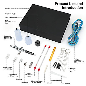 Airbrush Kit, Dual-Action Gravity Airbrush Gun with 0.2mm/0.3mm/0.5mm Needles, 10cc/20cc/40cc Paint Cup, Air Hose and Airbrush Cleaning Kit for Painting Nails Cake Tattoo (Black)