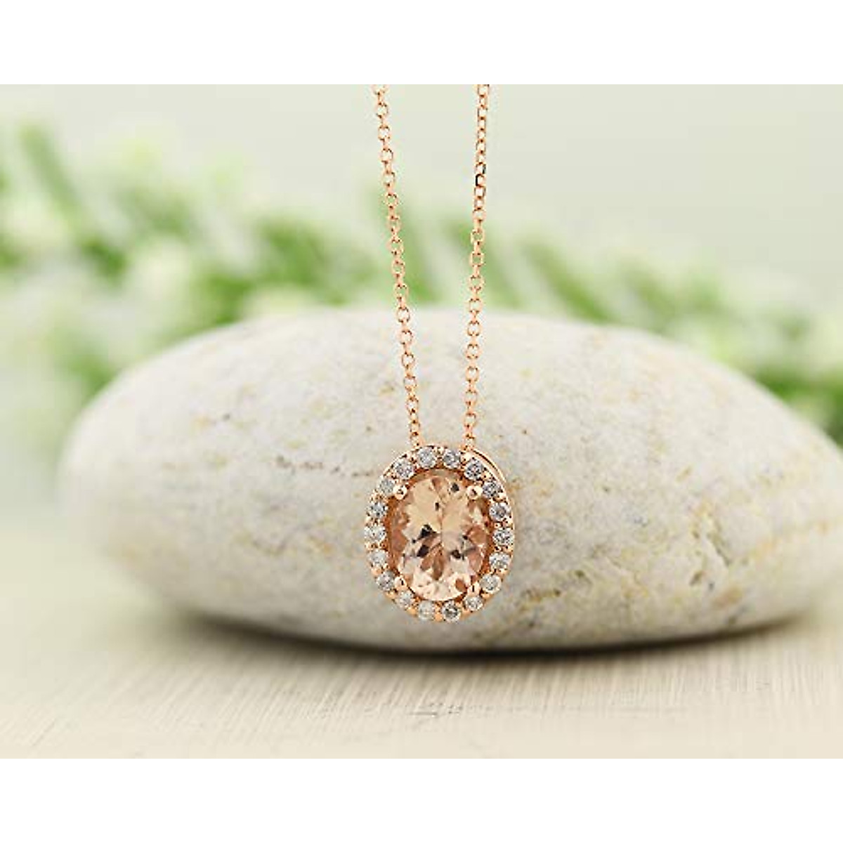 GNG 10k Rose Gold Diamond Morganite Halo style Pendant Necklace, 18" (morganite)