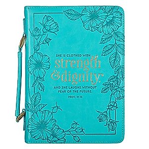 Christian Art Gifts Women's Fashion Bible Cover Strength and Dignity Proverbs 31:25, Teal Faux Leather, XL