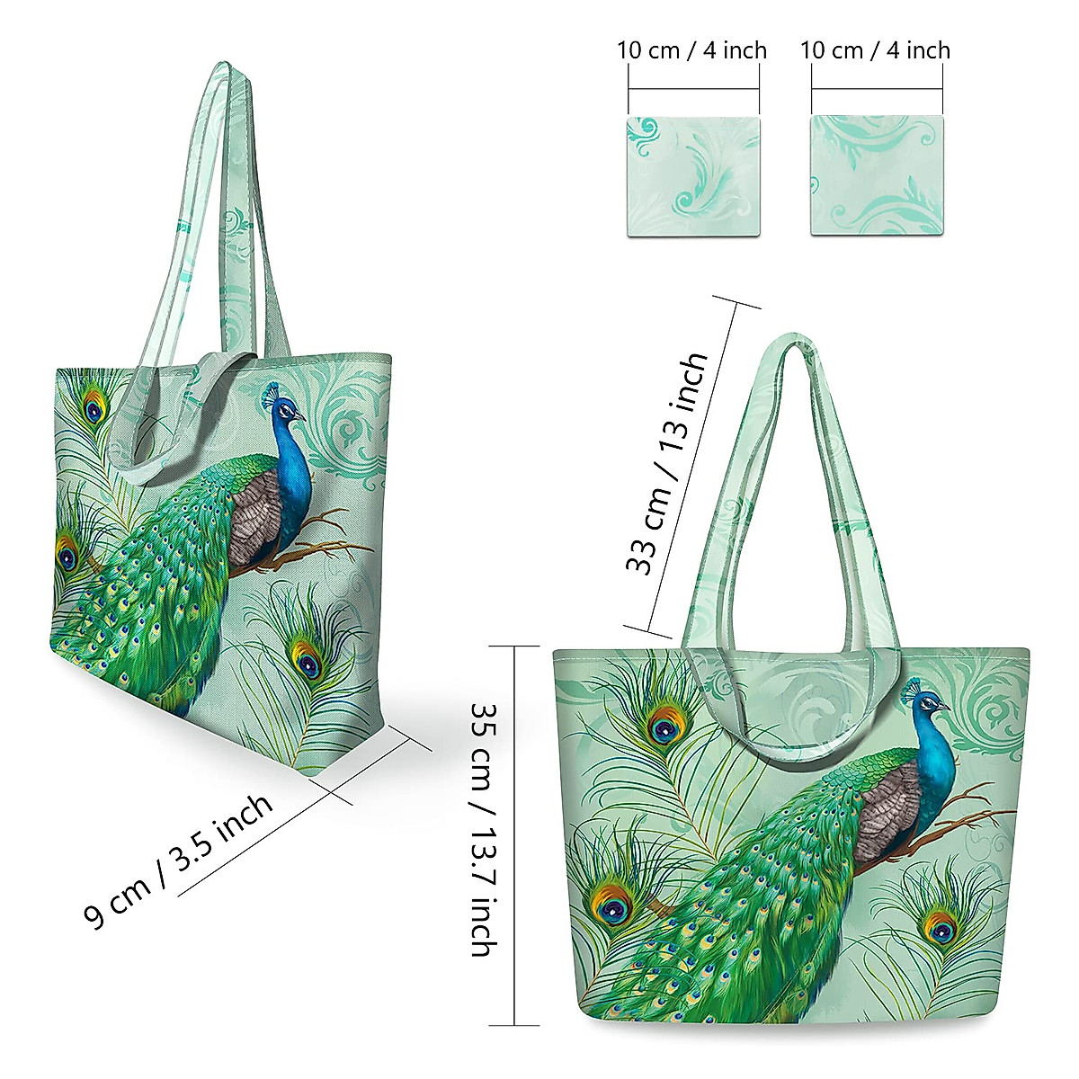 NymphFable 2 Pack Tote Bag Reusable Peacock Green Shopping Bags Washable Foldable Polyester Grocery Bags