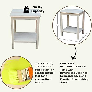 Portman Accent Table Solid Parawood Unfinished Wood 16"W x 14"D x 20"H with Shelf, Small Living Room Furniture for Painting or Staining, Traditional End Table for Bedroom or Entryway