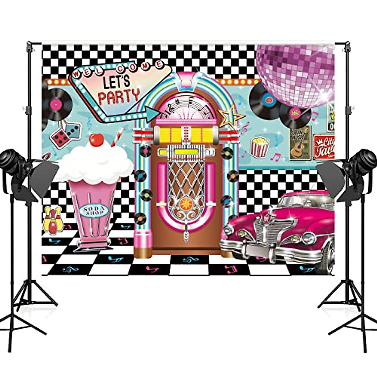Maijoeyy 7x5ft Back to 50s Backdrop for Birthday Rock Roll Party 1950s Soda Shop Photo Backdrops 50's 60's Sock Hop Party Decorations Retro Diner Time Rock Roll Classic Car Party Decoration Banner