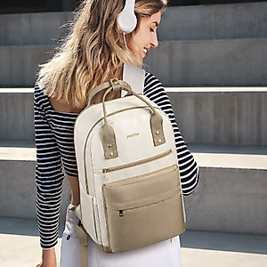 YAMTION Laptop Backpack for Women Bookbag School Backpack with Charger,Aesthetic Computer Backpacks for High School Teen Girls Office College Students Nursing Work,Mochila Mujer,Beige