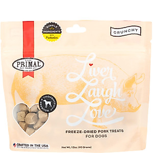Primal Freeze Dried Dog Treats; Pork Liver Dog Treats with Probiotics for Dogs; Liver, Laugh, Love; Crunchy Grain Free Training Treats for Dogs, 1.5 oz