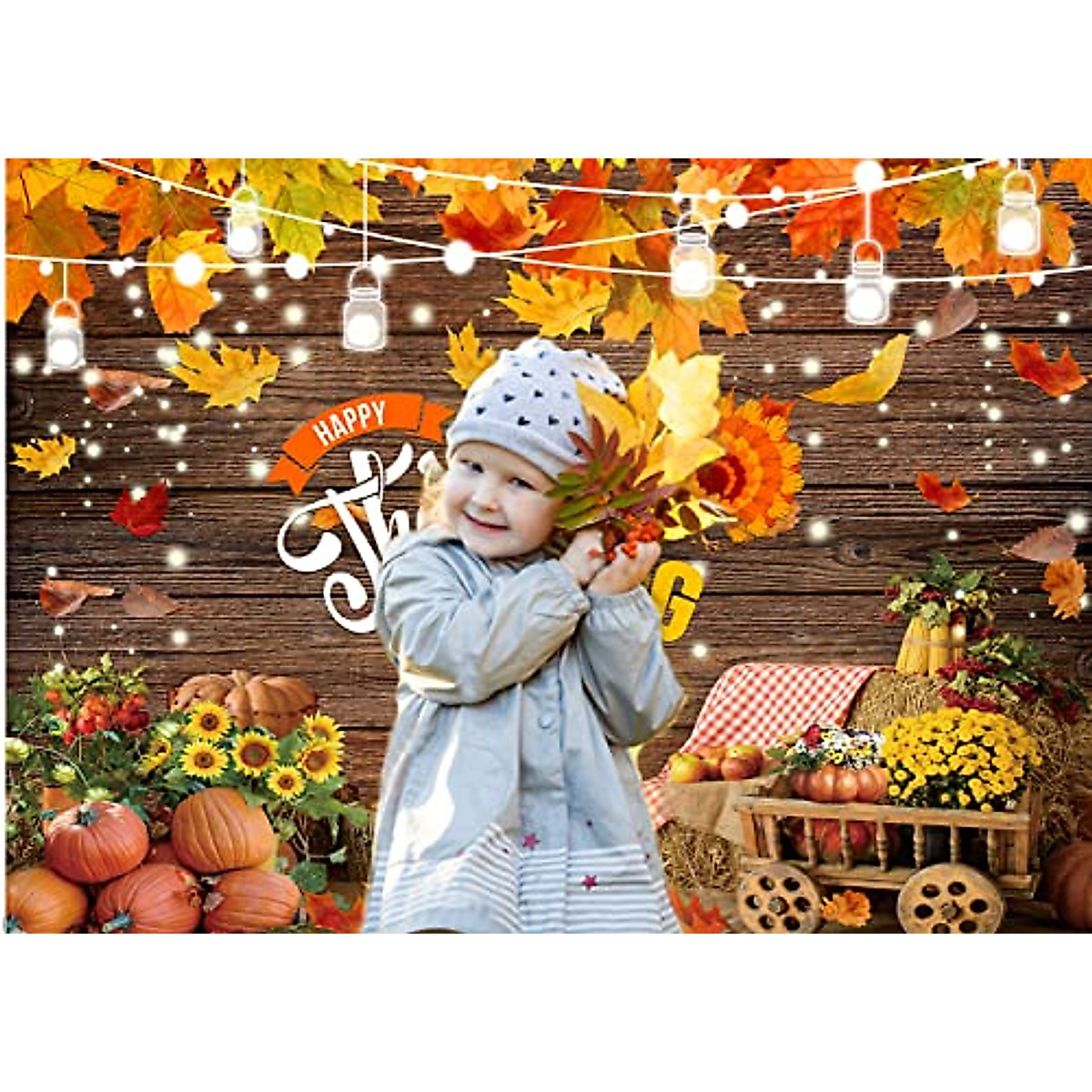 Dudaacvt 7x5ft Thanksgiving Photography Backdrop Rustic Wooden Floor Barn Harvest Background Thanksgiving Turkey Autumn Pumpkins Backdrop Thanksgiving Party Decoration Backdrop D643