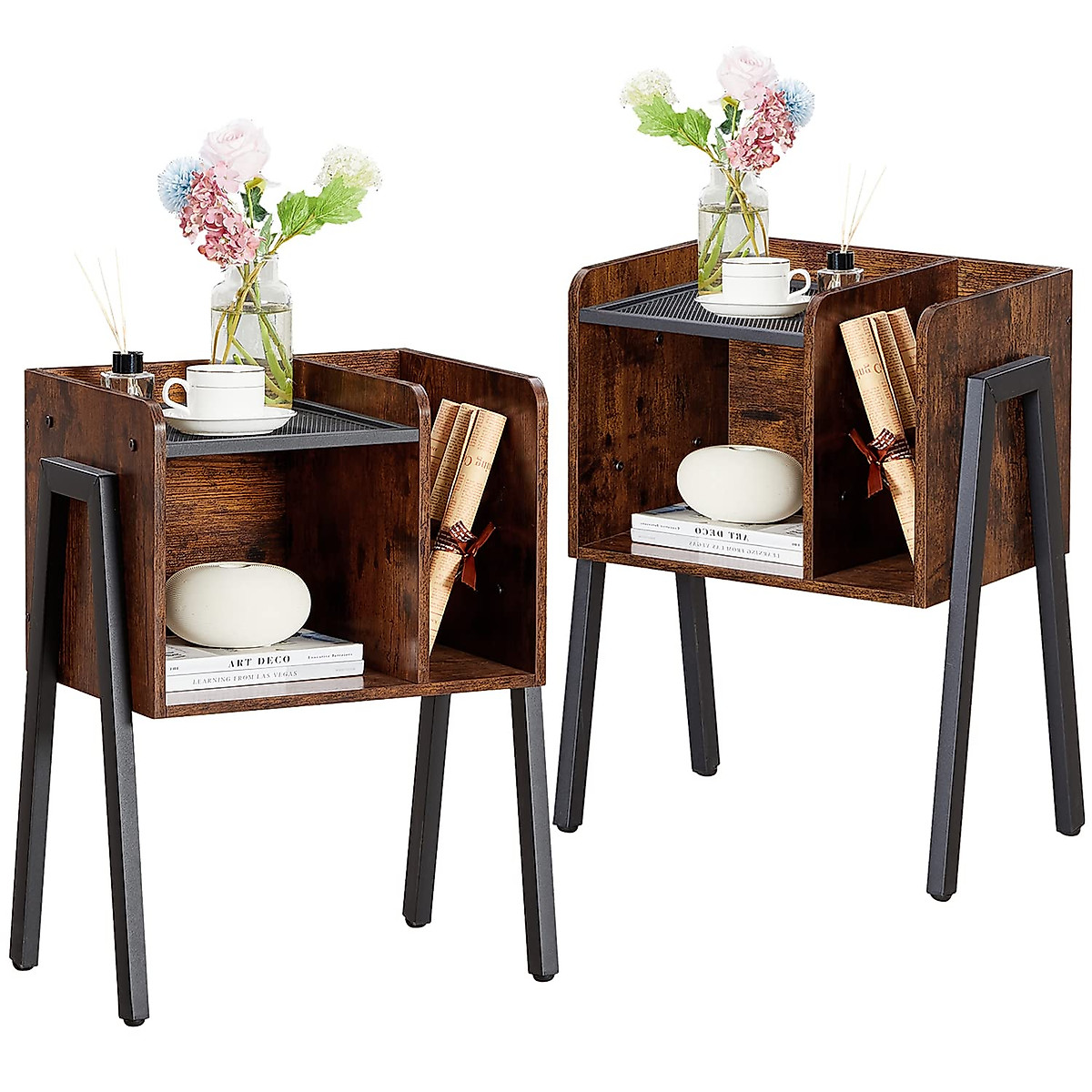 VECELO Nightstand Industrial Side End Table/Stackable Accent Furniture with 2-Tier Open Storage Compartments for Bedroom, Living Room and Small Spaces, 2 pack, Brown
