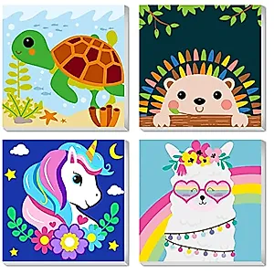 CarlonLin Framed 4 Pack Paint by Number for Kids, Paint by Numbers for Kids Ages 8-12, Paint by Numbers Kits Children Beginner, DIY Acrylic Oil Painting for Home Wall Decor (8x8inch)