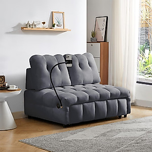 Sleeper Sofa Couch Bed with Charging Port/Phone Holder, 48-inch Modern Tufted Velvet Pull Out Loveseat Futon Sofa for Living Room Apartment, Adjustable Backrest, Grey