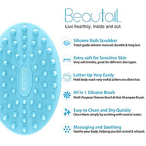 BEAUTAIL Silicone Body Scrubber, 2 in 1 Shower Bath Wash and Hair Shampoo Brush, Gentle Exfoliating Scrub Cleansing Loofah for Women Men Baby Sensitive Skin, Easy to Clean, Lather Nicely, 1 Pack, Blue