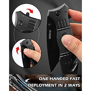 Spring Assisted Pocket Knife with Glass Breaker and Seatbelt Cutter, 3.5 Inch 3Cr13 Steel Drop Point Blade with Aluminum Handle, EDC Folding Knife with Clip Flipper Knives for Men