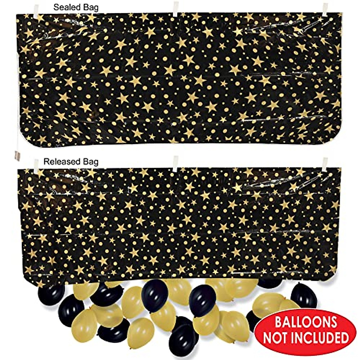 Beistle Black and Gold Plastic 1 Pc, Black & Gold Stars Balloon Bag