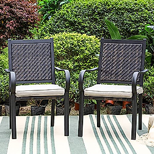 PHI VILLA Outdoor Rattan Dining Chairs Set of 2, Wicker Chairs with Removable Cushion & Metal Frame, for Patio, Deck, Yard, Porch