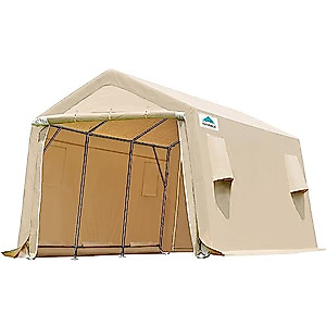 ADVANCE OUTDOOR 10x15 ft Shelter Storage Shed Steel Metal Peak Roof Anti-Snow Portable Garage Carports for Motorcycle, Boat or Garden Tools with 2 Roll up Doors & Vents, Beige, (8807BY-2)