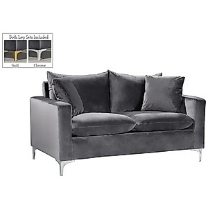 Meridian Furniture Naomi Collection Modern | Contemporary Grey Velvet Upholstered Loveseat with Stainless Steel Base in a Rich Gold or Chrome Finish, 633Grey-L
