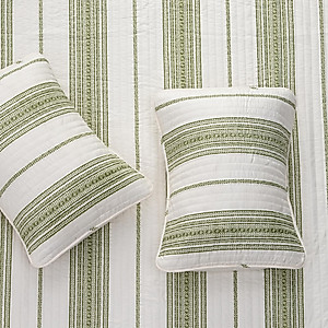 Full/Queen Reversible Quilt Bedding Set - All Season, Modern, Lightweight Bedspreads - White and Green Striped Coverlets (Includes 1 Quilt, 2 Pillow Shams)