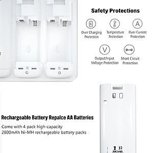 Battery Charger for Wii & Wii U Remote Controller,4pcs 2800mAh NiMH Rechargeable Battery Packs with 4-in-1 Charging Station for Wii & Wii U Game Remote [ Latest Upgrade Version]-White