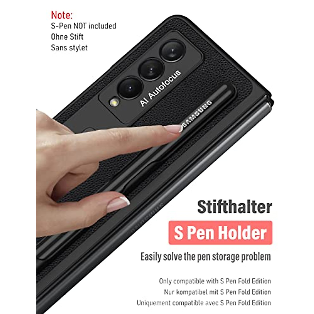 KumWum Phone Case for Samsung Galaxy Z Fold 3 5G Ultra-Thin Back Cover Protection Shockproof Bumper with S Pen Holder & Kickstand - Carbon Fiber