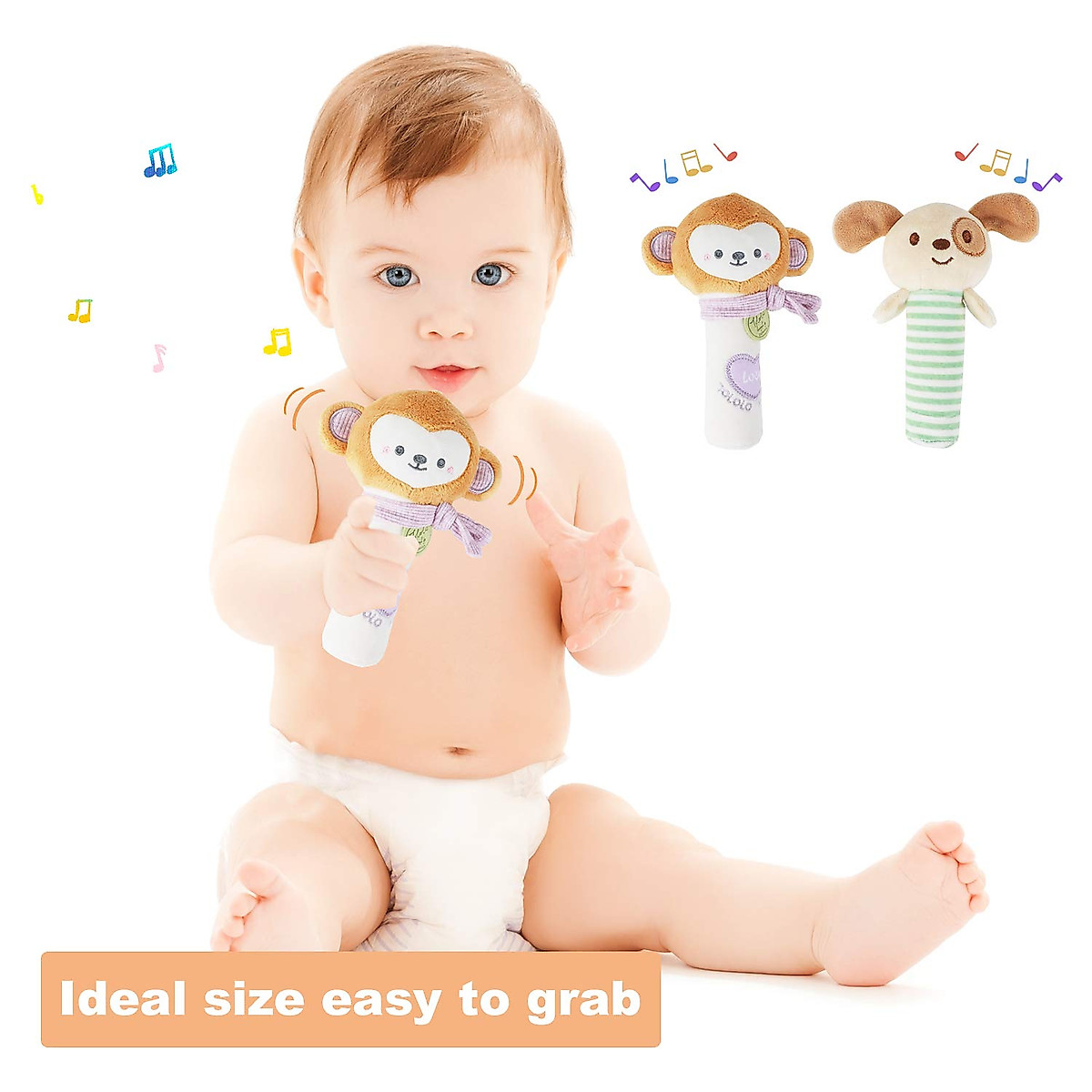 Funsland Baby Rattles Toys Soft Plush Hand Rattles Hand Grip Toys Stuffed Animal Rattles Shaker for 3 6 9 12 Months Infants Newborn 2 Pack