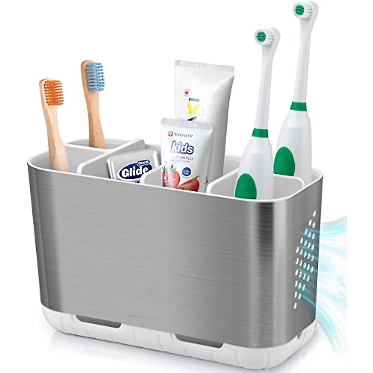 Boperzi Toothbrush Holder Toothpaste Organizer Drainage for Bathroom Vanity, Large Brushed Nickel Toothbrush Storage Caddy Anti-Slip Rustic with Adjustable Dividers for Family, Kids