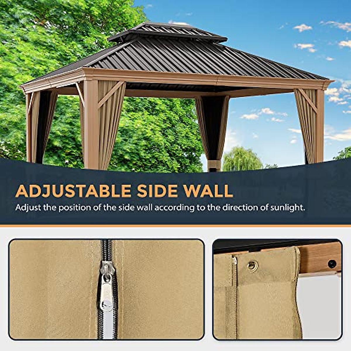 HAPPATIO 10' x 12' Hardtop Gazebo, Outdoor Wood Grain Frame Aluminum Gazebo, Double Roof Permanent Patio Gazebo Canopy with Netting and Curtains for Garden, Patio, Lawns, Parties (Beige)