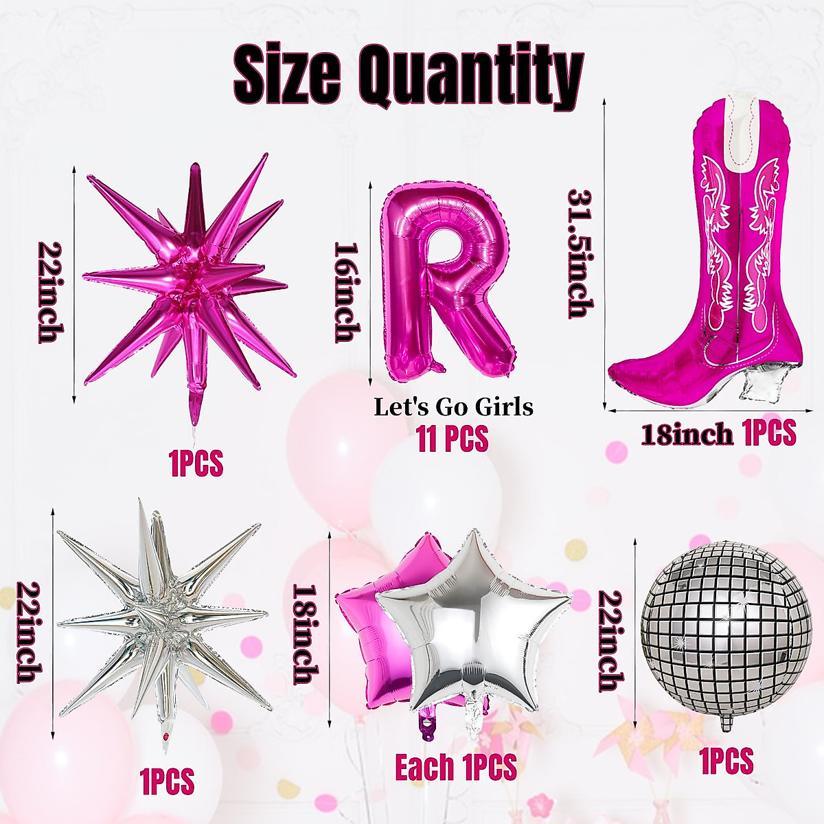 17Pcs Western Cowgirl Disco Theme Party Decorations Supplies, Let's Go Girls Bridal Shower 90s 80s Bachelorette Last Cowgirl Boot Pink Silver Foil Balloons