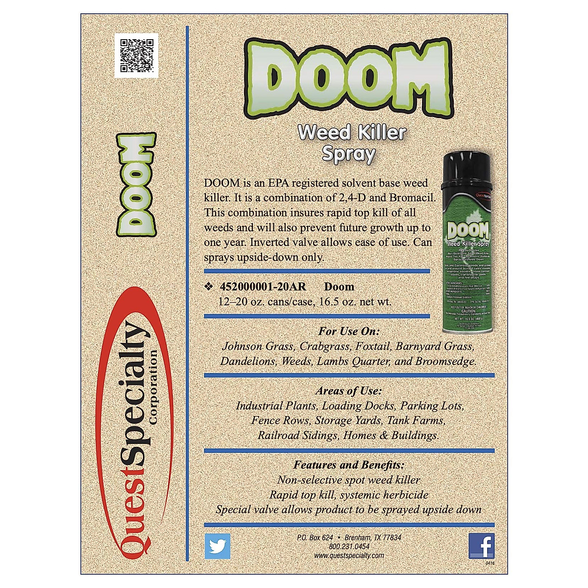 Quest Specialty Doom - 2,4-D Solvent-Based Weed Killer, Case of 12 (20 oz) Cans (4520)