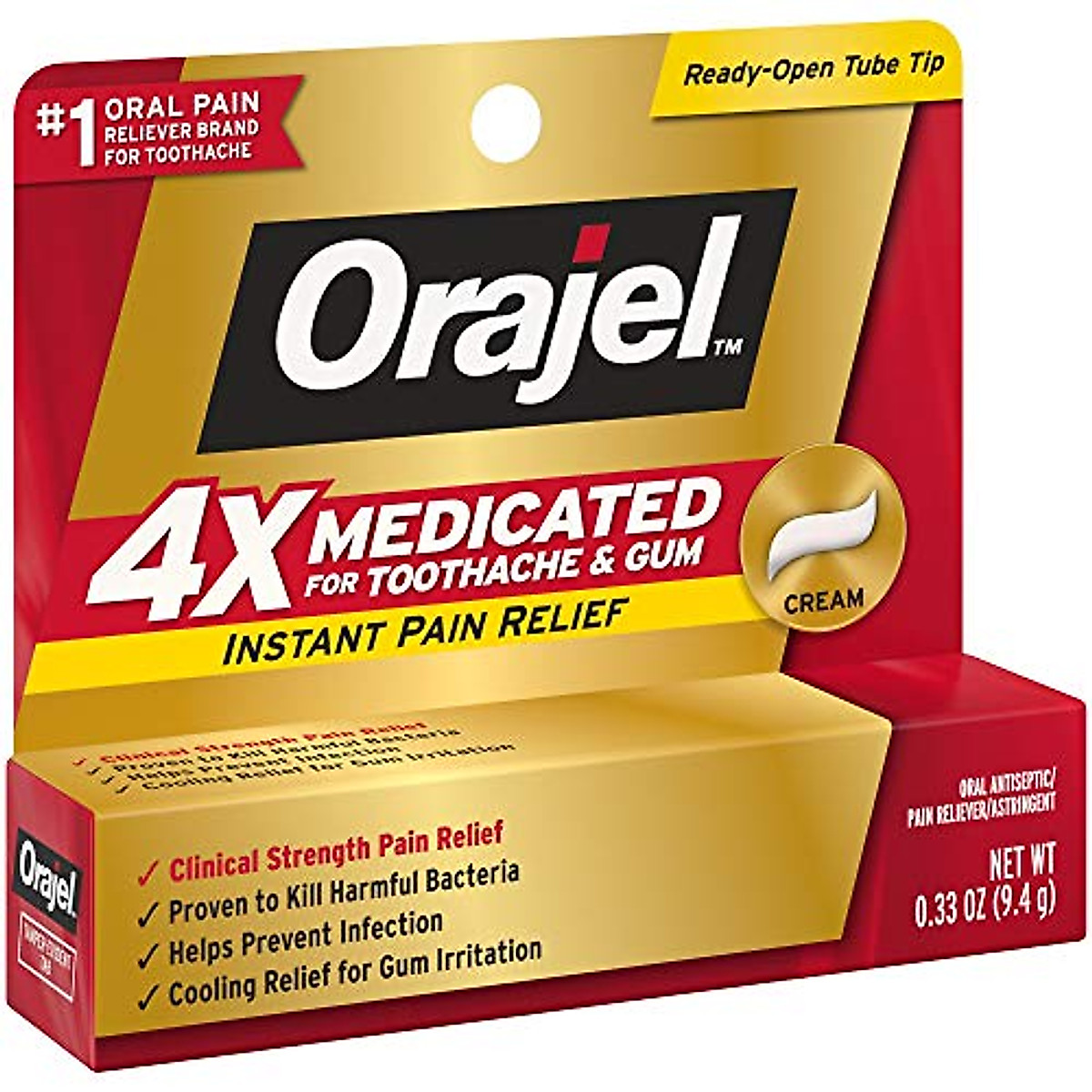 Orajel 4X for Toothache & Gum Pain: Severe Cream Tube 0.33oz- From #1 Oral Pain Relief Brand