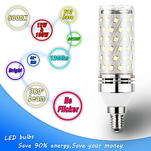 Heifymi E12 100W Led Candelabra Bulbs Replacement, 6000k Daylight Bright White, E12 12W Led Candle Light Bulbs T6 C7 1200lm, E12 Base Chandelier Pendant Ceiling Fan Bulbs, Non-Dimmable, 4Pack