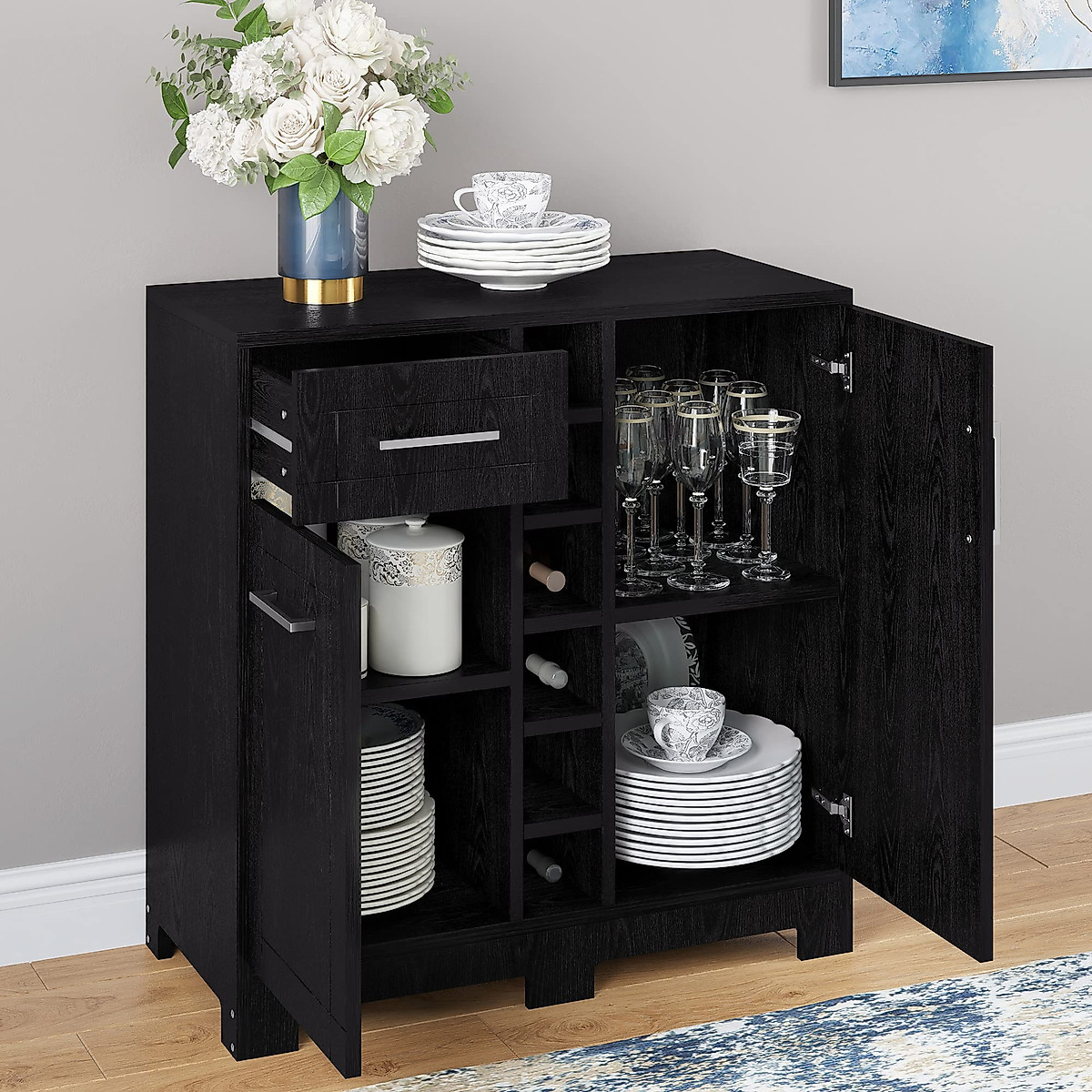 BELLEZE Wine Cabinet with Drawers, Storage Shelves and 6-Bottle Wine Rack, Sideboard Buffet, Coffee Bar, Cupboard for Dining Room, Kitchen, Living Room -Vietti (Light Black)