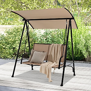 HAPPYGRILL 2-Person Porch Swing with Canopy, Outdoor Patio Swing Chair with Heavy-Duty Metal Frame, Breathable & Durable Seat Fabric, Patio Loveseat Swing for Backyard, Balcony, Poolside