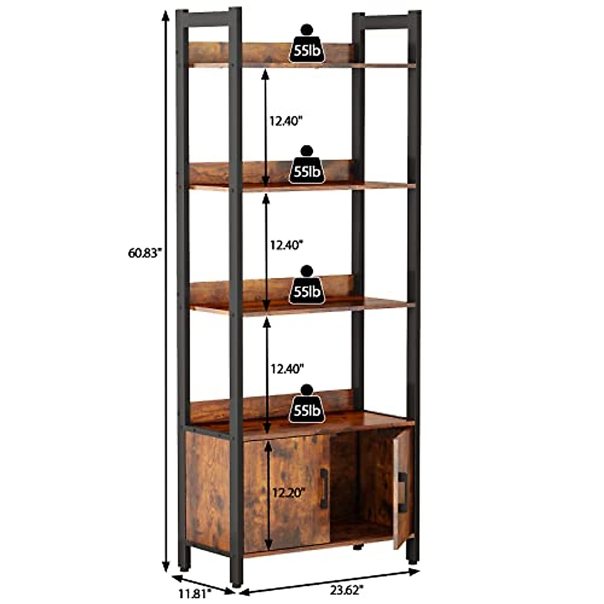 Furologee Bookshelf and Bookcase with Doors, Tall 61" Free Standing Display Shelving Units with 4-Tier Shelves, Industrial Storage Cabinet for Home Office, Living Room, Bedroom, Bathroom, Rustic Brown