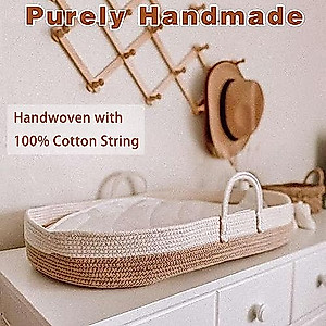 Baby Changing Basket, Portable Cotton Moses Basket for Babies, Nursery Set with Waterproof Leather Pad,Thick Diaper Changing Pad, Leaf Shape Cushion,Storage Bag, Cotton Rope, Changing Table Topper