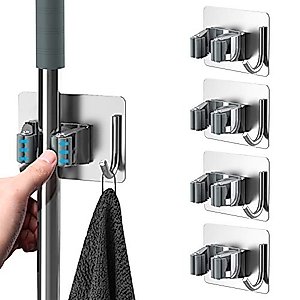 Mop Broom Holder No Drill SUS304 Stainless Steel, HOMEASY Mop Broom Organizer Wall Mounted Heavy Duty with Hooks Hanger, Storage Rack Self Adhesive 4Pcs for Bathroom, Kitchen, Office, Silver