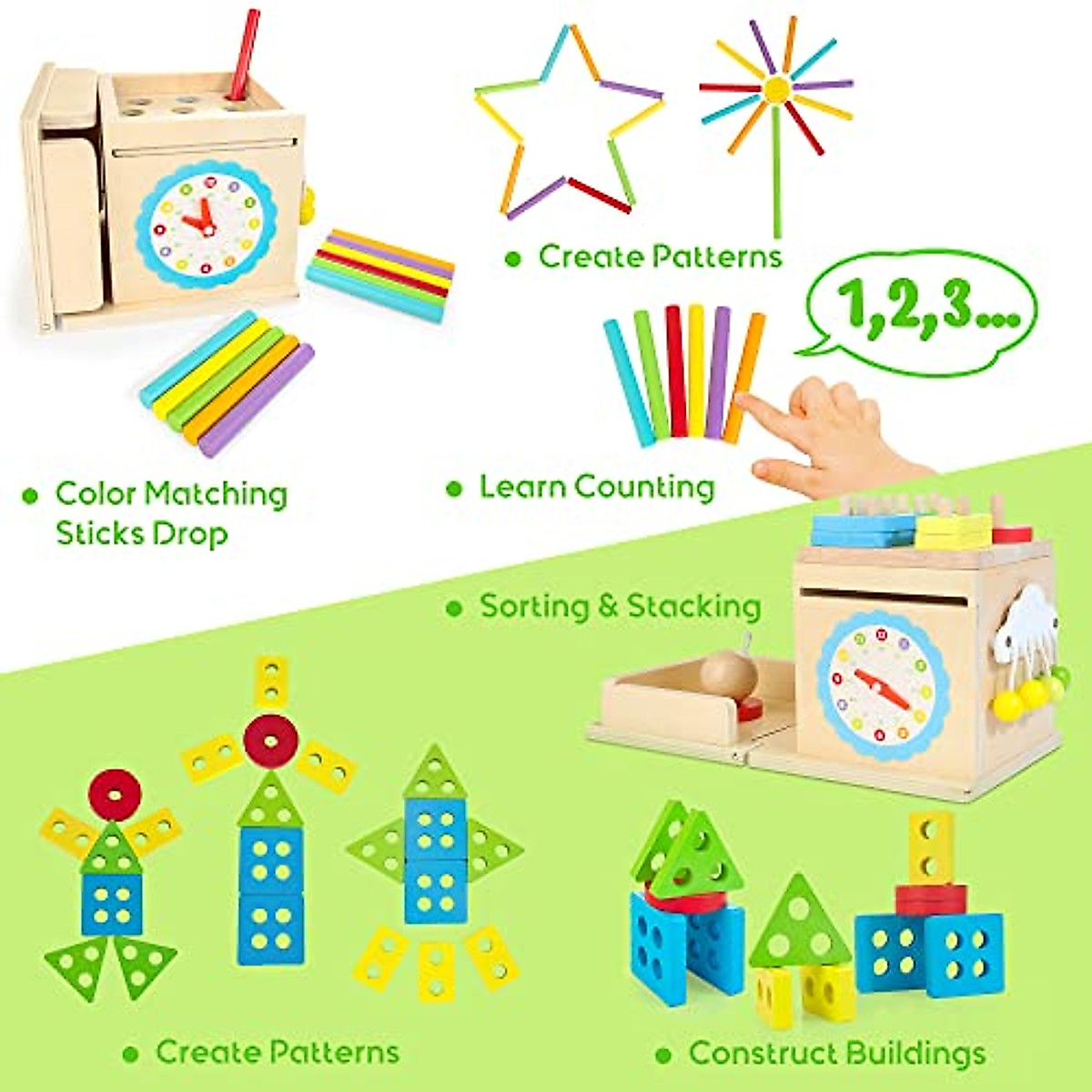 JUSTWOOD Montessori Toys for 1 2 3 Years Old Kids, 8-in-1 Wooden Play Kit Includes Object Permanent Box, Sensory Learning Activity Cube, Bonus Stacking & Sorting Toy, Gift for Toddlers Age 12+ Months