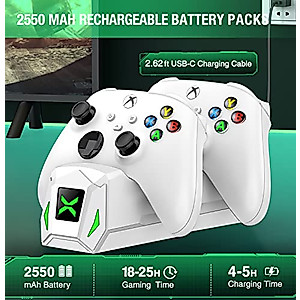 Controller Charger Station with 2x2550mAh Rechargeable Battery Packs for Xbox One/X/S/Elite/Xbox Series X|S, High Speed Charging Dock with 4 Batteries Cover for Xbox One Controller Battery Pack, White