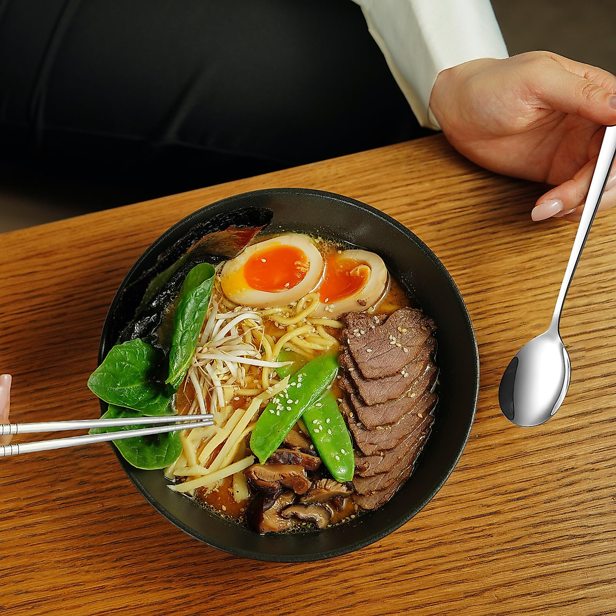 Tiokin Spoon and Chopsticks Set, 4 Pair Stainless Steel Metal Chopsticks Spoon Set,4 Set Korean Chopsticks and Spoons, Reusable Flat Long handle Chopstick Spoon Set for Home, Kitchen or Restaurant