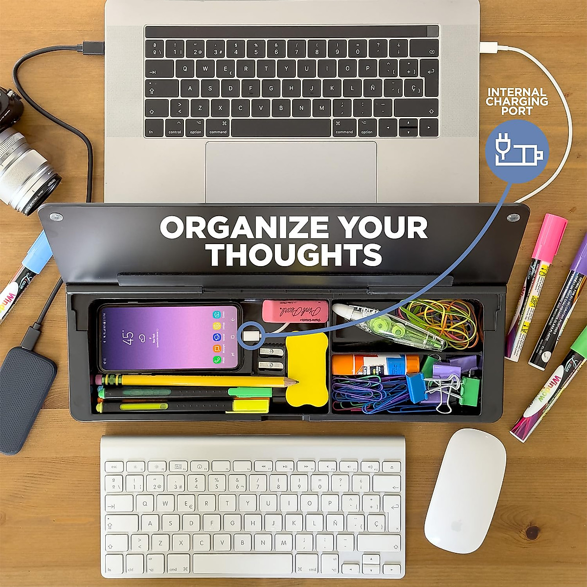 Desktop Whiteboard - Glass Dry Erase White Board- Desk Computer Buddy – Home Office & Studying Essentials - Desktop Pad with Phone & Tablet Slot, Storage Compartment - Includes 4 Markers, 1 Eraser.