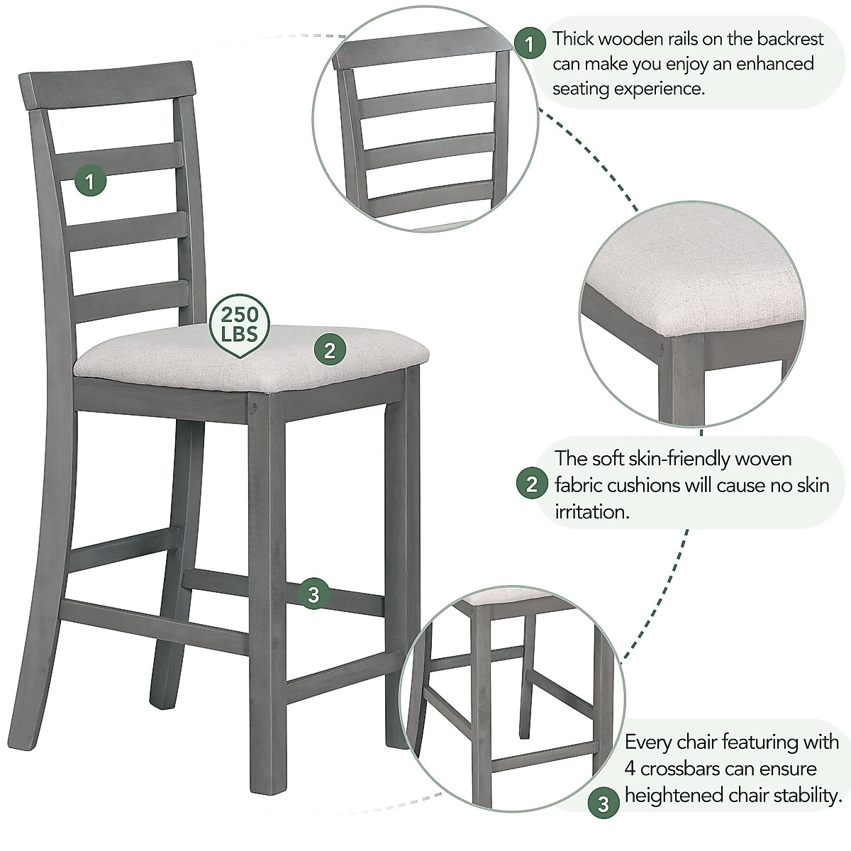 BIADNBZ 5-Piece Counter Height Dining Table Set for 4, Multi-Functional Rubber Wood Kitchen Furniture with Padded Chairs, Integrated 9 Bar Wine Compartment&Wineglass Holders, Gray