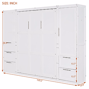 Hlcodca Queen Size Murphy Bed Wall Bed with Closet,Drawers and Shelves, Space-Saving for Multipurpose Guest Room Or Home Office (White-rr)