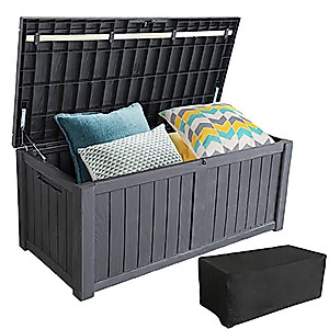 Large 120 Gallons Weather Resistant Outdoor Deck Box Lockable Patio Storage Box Outside Cushion Organization Storage Bench for Patio Cushions, Garden Tools and Pool Toys - Black. Free Patio Cover Included