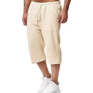 LVCBL Mens 3/4 Linen Capri Pants Elastic Waist Casual Loose Baggy Harem Pants Khaki M
