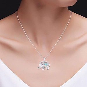 AFFY Simulated Aquamarine And White Cubic Zirconia Floater Elephant Pendant Necklace, 14K White Gold Over Sterling Silver, 5MM Heart Cut Center Aquamarine, 18'' Rope Chain