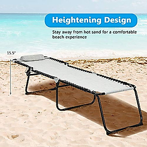 GYMAX Adjustable Chaise Lounge, Folding Lightweight Patio Recliner with Removable Pillow, Poolside Beach Sunbathing Chair for Outdoor/Indoor (Grey)